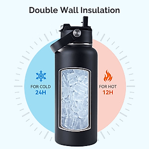 Kerilyn 24oz Stainless Steel Insulated Water Bottle, Double Wall Vacuum, Leak Proof with Silicone Straw, Wide Mouth, BPA Free, Copper Lined, Keep Cold 24h Hot 12h, Black