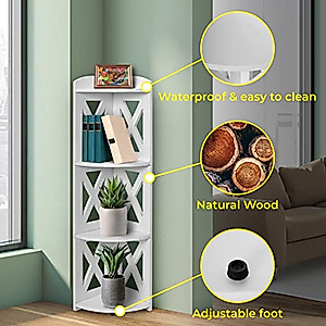 NHZ Corner Shelf Stand, Wood Corner Bookshelf, Corner Bookcase and Plant Stand (White, 4 Tier)