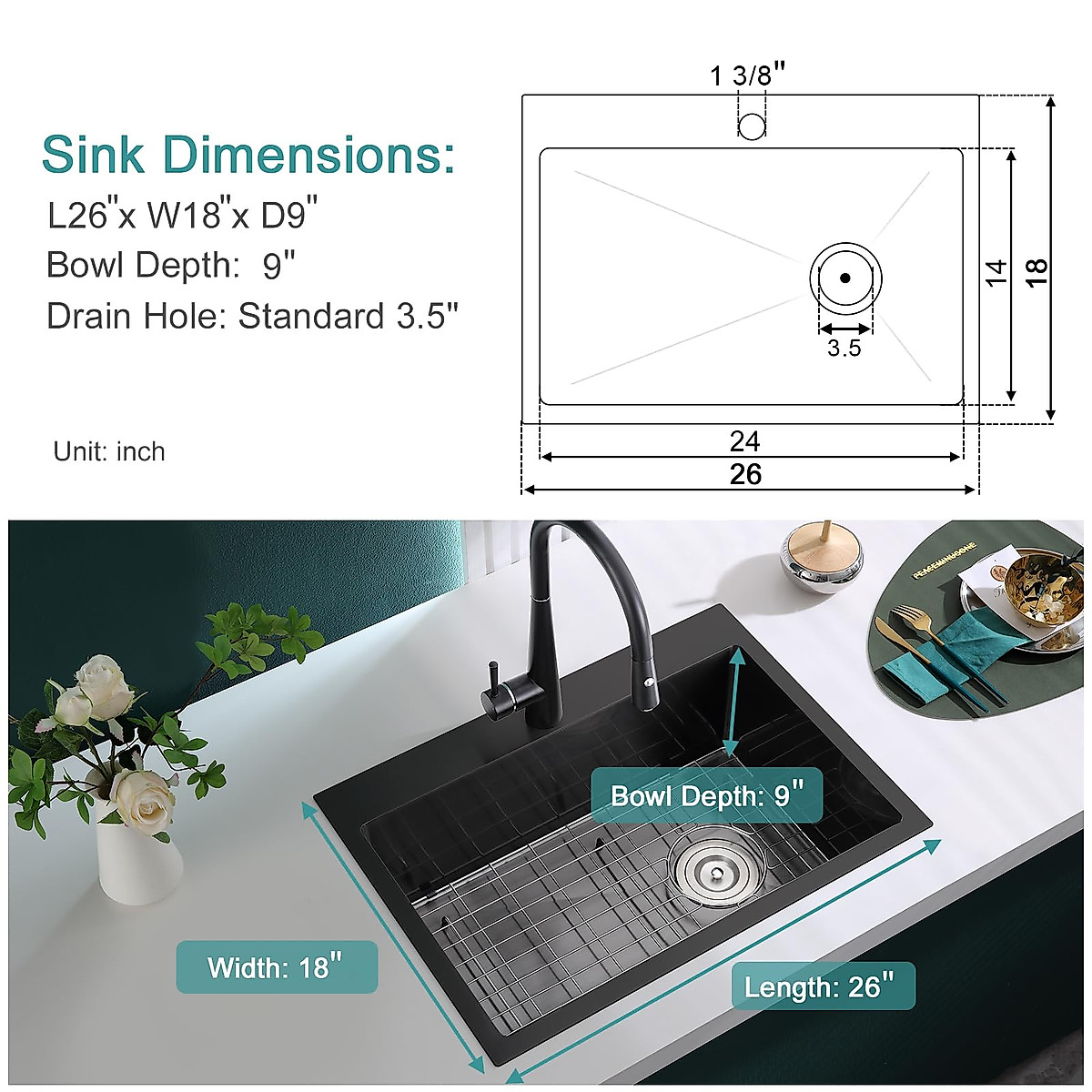 KINKIB 26 inch Drop-in Black Kitchen Sink Single Bowl, Topmount Kitchen Sink with Protective Bottom Grid, Overmount 304 Stainless Steel Kitchen Bar Sink Handmade with Basket Strainer, 26×18×9 inch