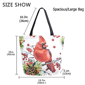 ZzWwR Cardinal Birds on Fir Branch Berry Christmas Extra Large Canvas Shoulder Tote Top Handle Storage Bag for Gym Weekender Beach Travel Reusable Grocery Shopping