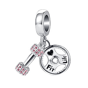 QeenseKc Dumbbell Barllbell Gym Workout Pendant Charm Sports Barbell CZ Bead for Pandora Bracelet Pink Aut-176_Dumbbell_10 0