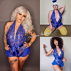 Avidlove Plus Size Lingerie for Women Halter Lace Bodysuit Deep V Teddy Sexy Babydoll Sleepwear Blue 3XL