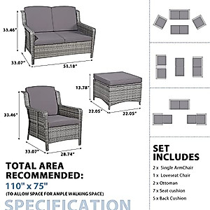 JOIVI Patio Furniture Set, 5 Piece All Weather Wicker Outdoor Conversation Set, Outdoor Sectional Sofa Set with PE Rattan Loveseat couch, Armchairs and Ottomans for Garden, Porch, Deck (Gray Cushions)