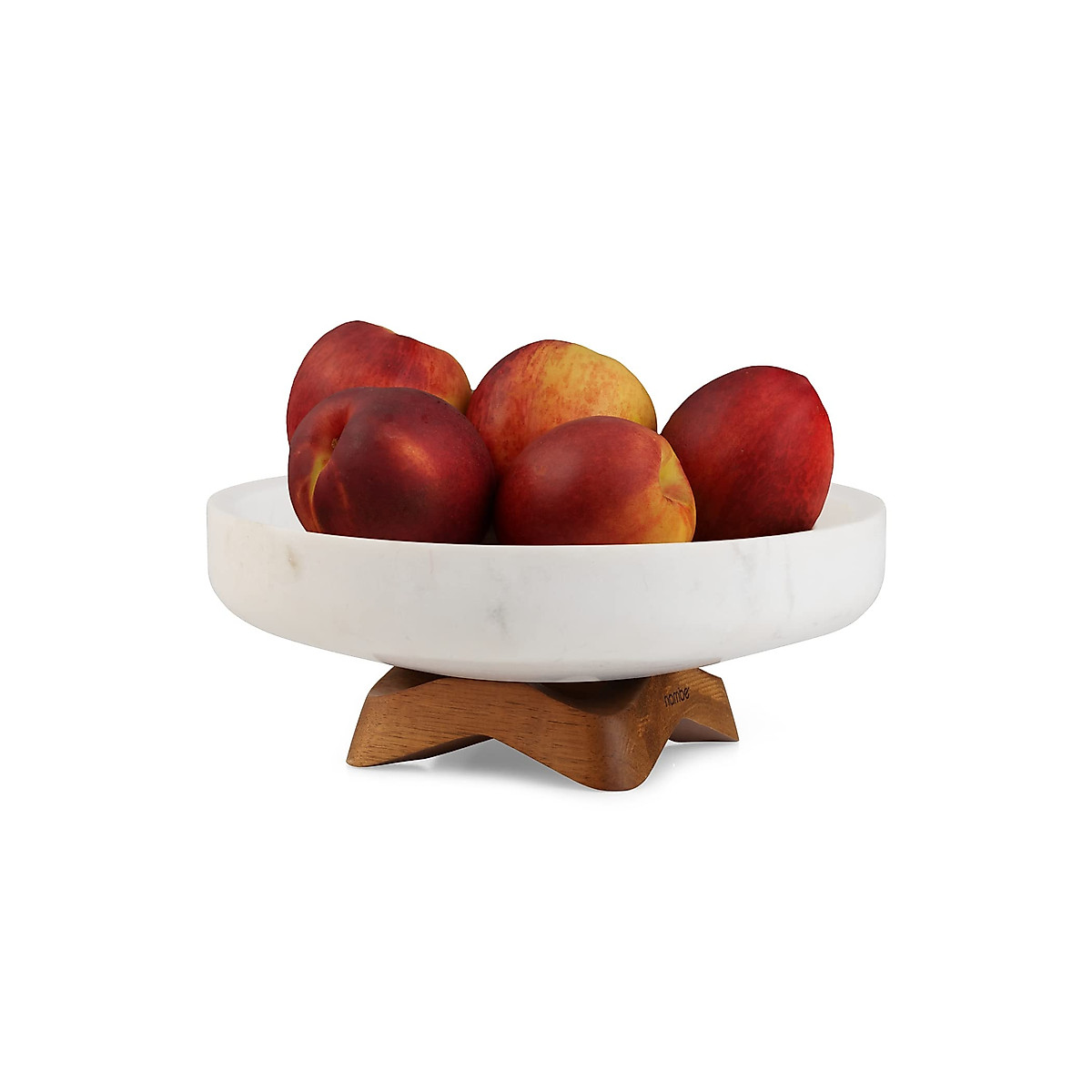 nambe Chevron Fruit Bowl – White Marble and Acacia Wood Decorative Footed Bowl - Kitchen Counter Table Display Centerpiece Bread Vegetable Holder on Pedestal- 10.5”