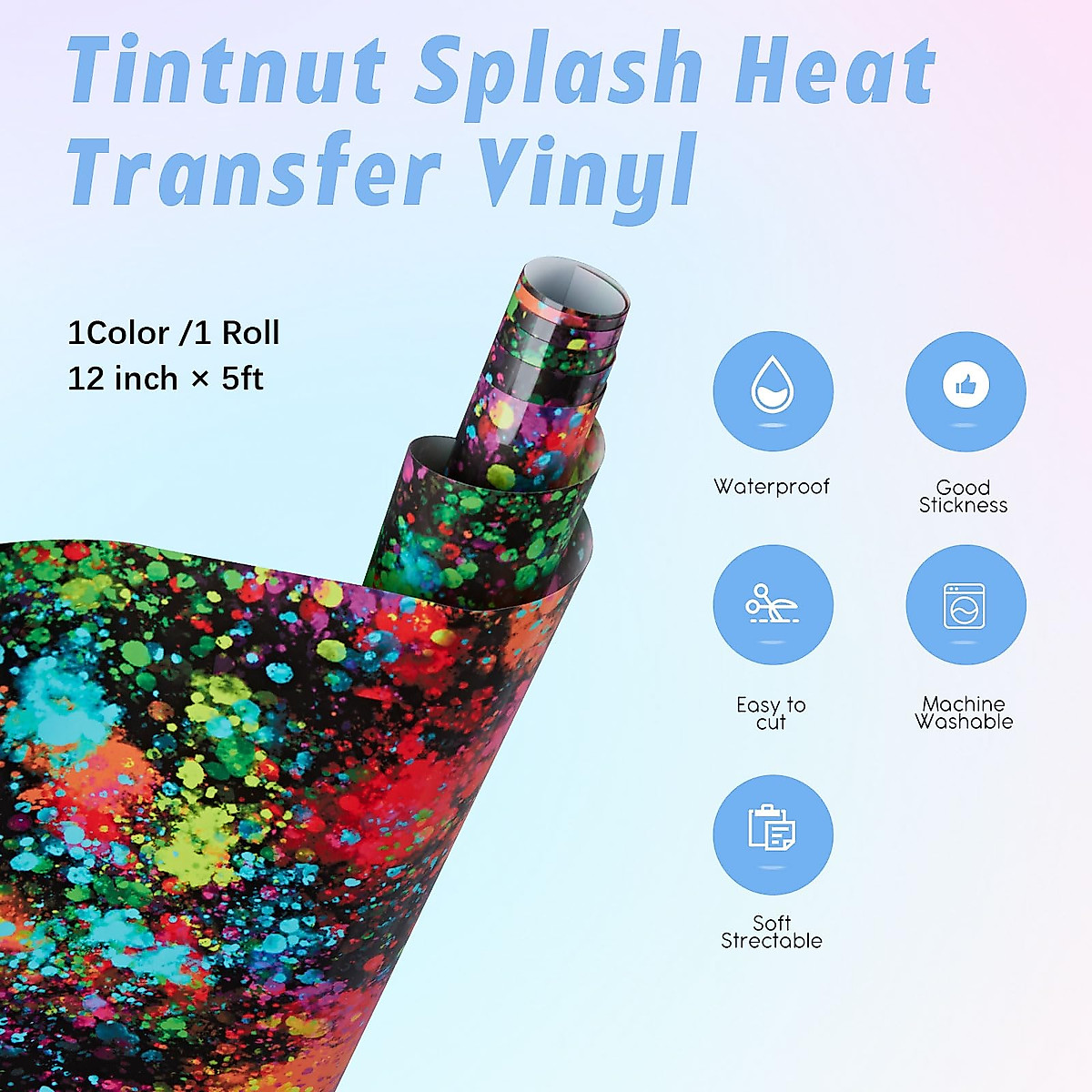 Tintnut Splash Heat Transfer Vinyl Roll - 12 Inch * 5ft Mutilcolor Watercolor Ink Patterned HTV Splatter Iron On Vinyl DIY T-Shirts Hats Clothes Canvas Bags for Cricut or Silhouette Cameo