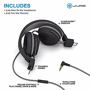 JLab Neon Folding On-Ear Headphones | Black | Wired Headphones | Tangle Free Cord | Noise Isolation | 40mm Neodymium Drivers | C3 Sound (Crystal Clear Clarity)