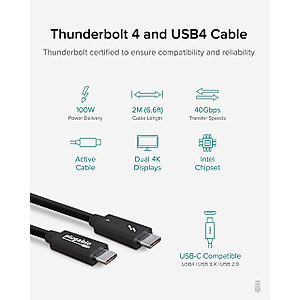 Plugable Thunderbolt 4 Cable [Thunderbolt Certified] 6.6ft USB4 Cable with 100W Charging, Single 8K or Dual 4K Displays, 40Gbps Data Transfer, Compatible with Thunderbolt, USB4, USB-C - Driverless