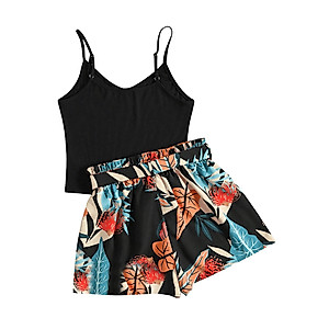 SOLY HUX Women's 2 Piece Outfits Summer Cami Top with Shorts Set Tropical Leaf Black S