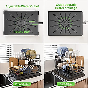 BBXTYLY Large Dish Drying Rack, 2 Tier Collapsible Dish Racks with Drainboard，Drainage, Wine Glass Holder, Utensil Holder and Extra Drying Mat, Dish Drainers for Kitchen Counter (Black)