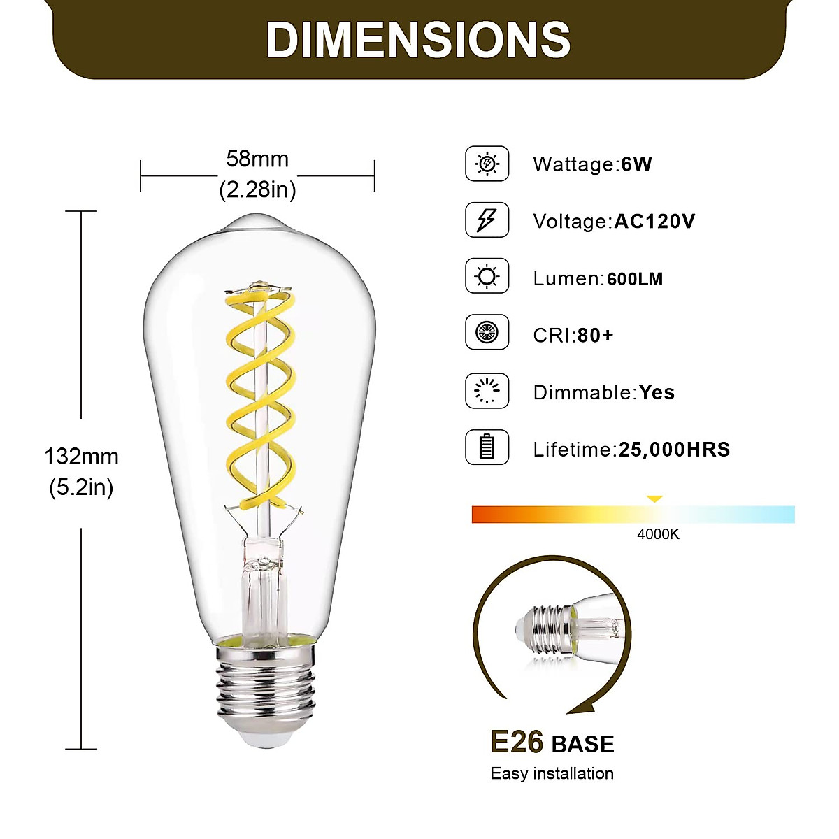YIMILITE ST58 (ST19) LED Edison Bulb 60 Watt Equivalent, CRI 80+, High Brightness Natural White 4000K Clear Glass, Dimmable Vintage led lamp Filament Light Bulbs, E26 Medium Base, 6 Pack