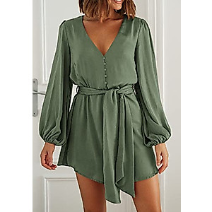 PRETTYGARDEN Women's Spring Long Puff Sleeve Satin Dress V Neck Cocktail Party Belted Short Formal Dresses (Army Green,Medium)