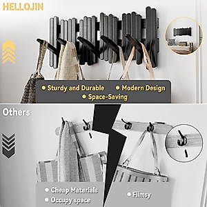 Space Saving Black Coat Rack Wall Mount, Wood Coat Hanger Wall Mount, Bamboo Entryway Hooks, Unique Wall Mounted Coat Rack for Hanging Keys, Hats, Purse, Towels and More (5 Flip-Down Hooks)