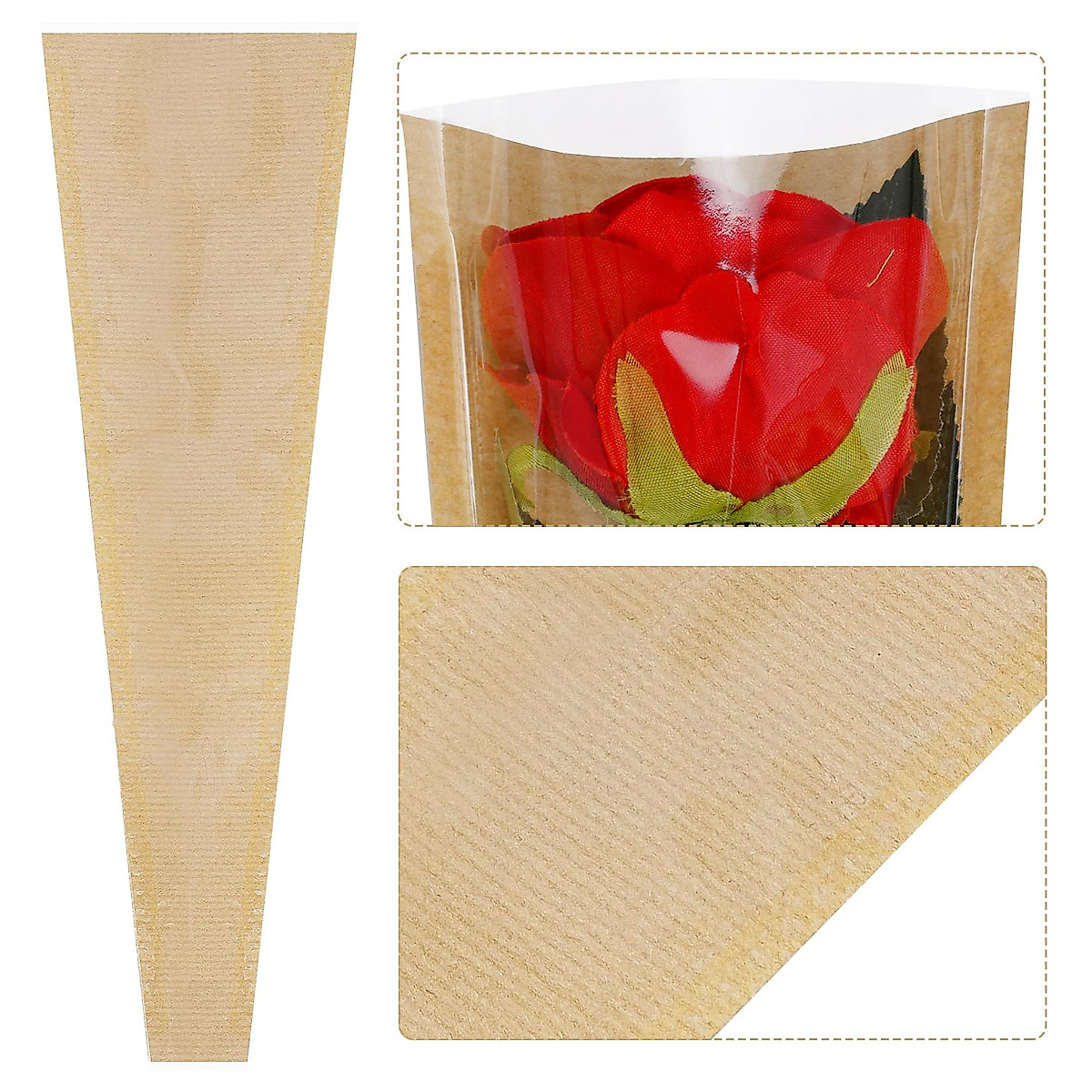 50Pcs Single Rose Sleeve Flower Wrapping Bags Kraft Paper Flower Wrapping Paper Single Floral Sleeves Flower Rose Bouquet Wrapping Sleeves Flower Wrap Bags for Mother's Day Wedding Bouquet Valentine's Gifts (Brown, 5x15.75in)