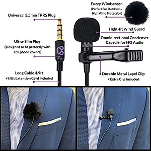 Purple Panda Smartphone Lavalier Lapel Microphone with 3.5mm Plug - Omnidirectional Condenser Clip On Lav Mic Kit - Compatible with iPhone, Android, Samsung, iPad, Tablets - Skype/Zoom, Video Calls