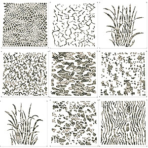 Outus 9 Pieces Camo Print Stencils Camouflage Painting Templates Reusable Grass Pattern Stencils Green Camo DIY Stencils for Scrapbooking Painting on Wood Crafts (11.8 x 11.8 Inch)