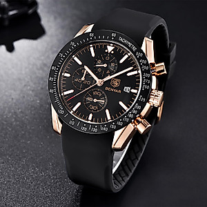 BENYAR Classic Fashion Quartz Chronograph Watch Casual Sport 30M Waterproof Leather Band Mens Watches (Golden Black)