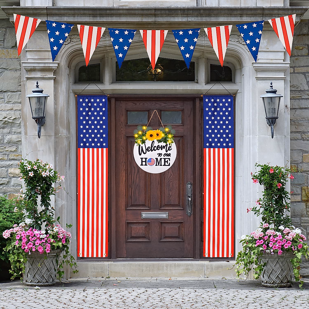 Interchangeable Welcome Home Sign, Front Door Decor with 4 Seasonal Wreaths and 21 Changeable Icons, Rustic Wood Wall Porch Hanger for Holiday Halloween Christmas Housewarming Gift (White)