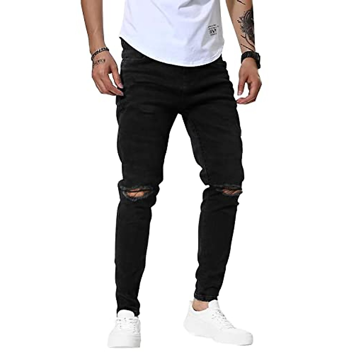 Woenzaia Black Ripped Skinny Jeans for Men Stretch Slim Fit Distressed Denim Jeans Tapered Jean Pants