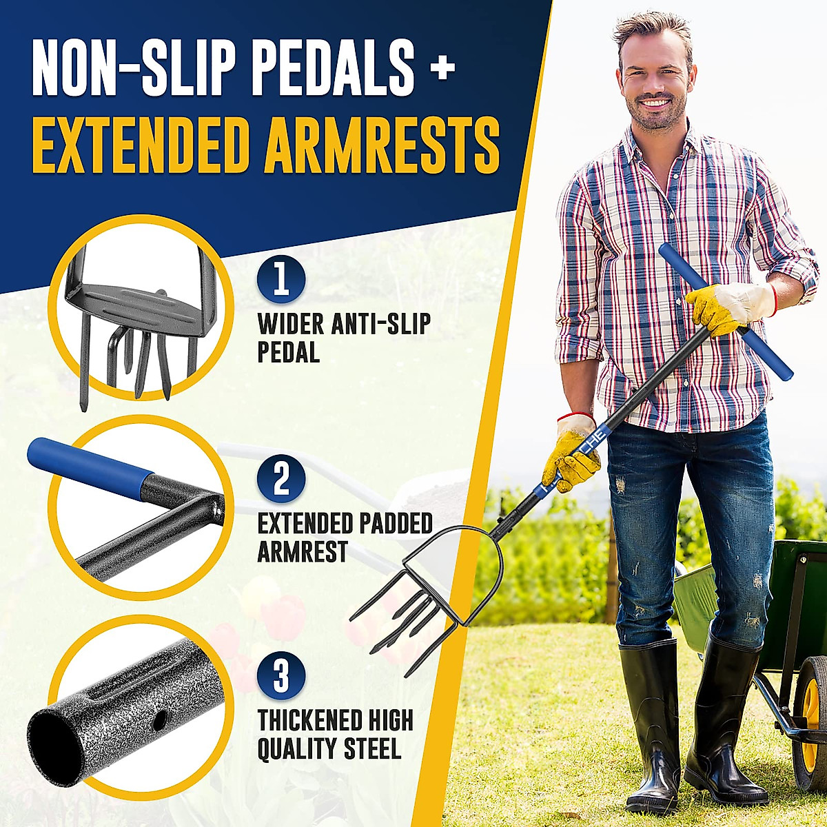 Hermsche Garden Tiller Manual Hand Tiller Garden Claw Cultivator Twist Tiller for Gardening Tool Long Handle Adjustable Steel Heavy Duty Lawn Aerator Soil Loosener Garden Tool Bed Plant Flower Box