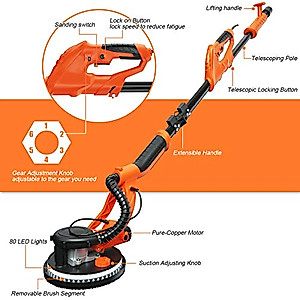 Goplus 750W Drywall Sander, Electric Foldable Sander Machine w/Dust-Free Automatic Vacuum System, 6 Variable Speed 800-1750 RPM, Double-Deck LED Lights, 12 Sanding Disks & Carrying Bag (Foldable)