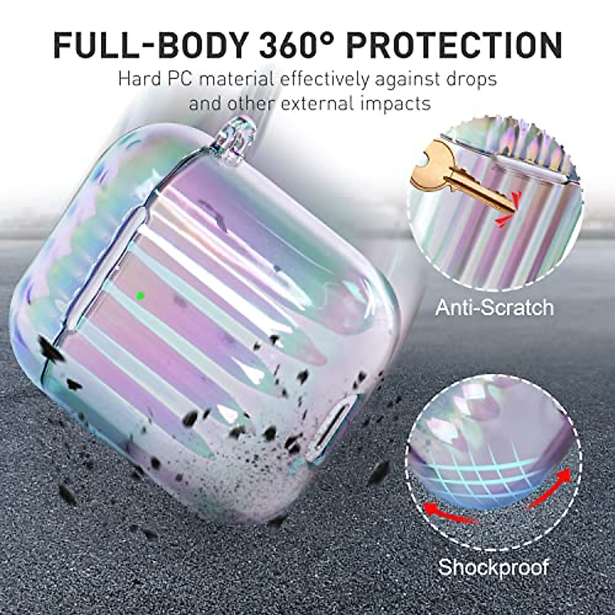 Aiiko Compatible Airpods Case Cover, Airpod Case 2nd /1st Generation Clear Lasher Hard PC Iridescent Colorful Air Pod Case with Pompom Keychain/Glitter Hand Lanyard/Tassel for Girls Women-Clear Purple