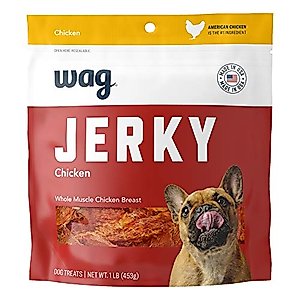Amazon Brand – Wag Chewy Whole Muscle American Jerky Dog Treats – Chicken (1 lb), Grain Free