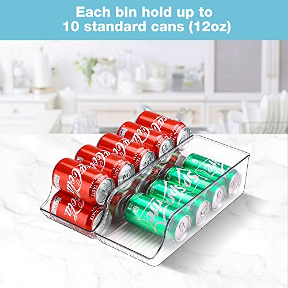 Puricon 2 Pack Can Drink Dispenser Organizer for Refrigerator, Clear Plastic Soda Pop Can Holder Container Storage Bin for Fridge Freezer Pantry Cabinet Kitchen -for Standard Can