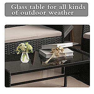 GURLLEU Rattan Sofa Furniture Set, Outdoor Patio Conversation Chair, Loveseat and Tempered Glass Coffee Table, Loveseat for Garden Lawn (Black and White Cushions) (Set 4 Pieces)