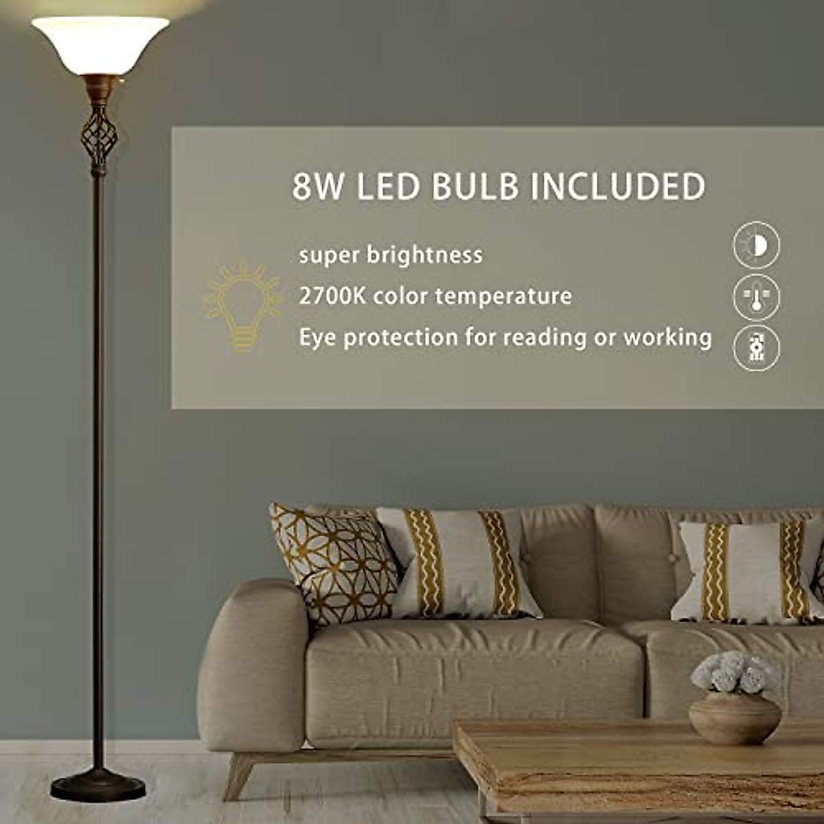 RAYINIGHT Floor Lamp for Living Room, 72" Modern Bedroom Standing Lamp with 8W LED Bulb, 3000K Eye Protection Torchiere Floor Lamp for Bedroom, Office, Living Room(Red Brown)