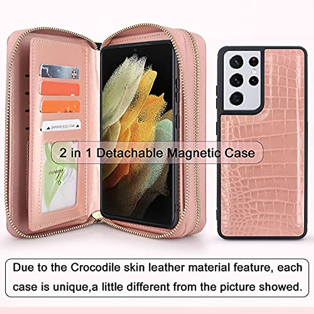 Harryshell Compatible with Samsung Galaxy S21 Ultra 5G (6.8") Case Wallet Multi Zipper Detachable Magnetic Cover Card Slots Holder Money Pocket Mirror Crossbody Strap (Crocodile Rose Gold)