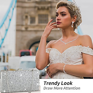 stablerice 4 Pieces Silver Clutch Purses Bag for Women Evening Rhinestone Jewelry Set Bling Necklace Earrings Bracelets Set for Wedding (Stylish Style)