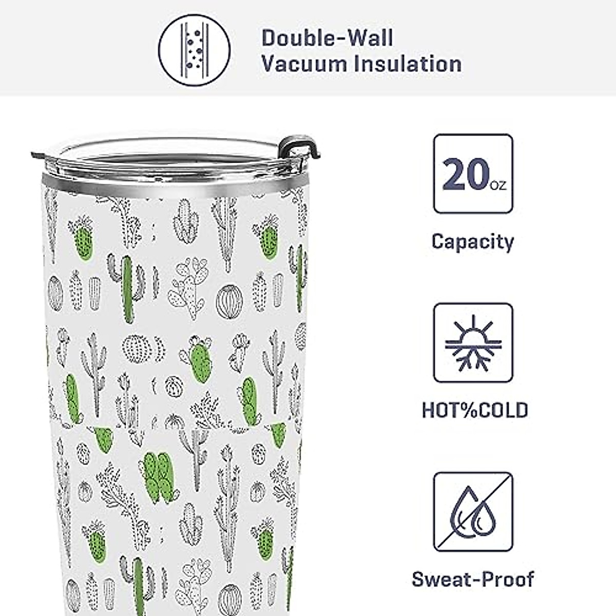 Jihqo Cactus Pattern Tumbler with Lid and Straw, Insulated Stainless Steel Tumbler Cup, Double Walled Travel Coffee Mug Thermal Vacuum Cups for Hot & Cold Drinks 12oz