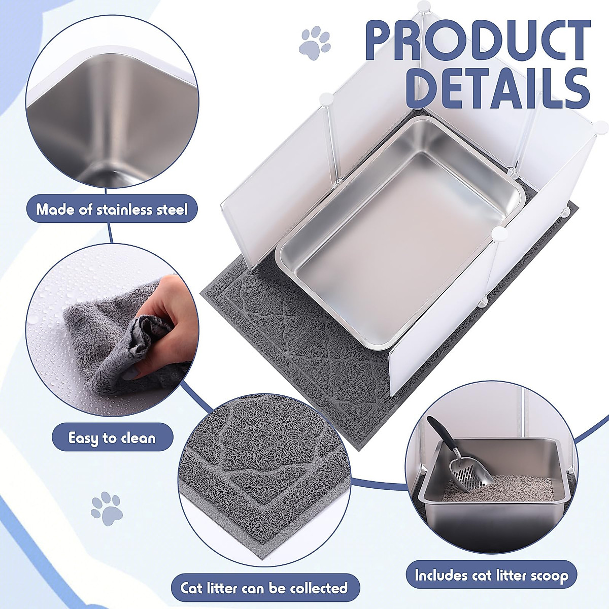 Tioncy 2 Set Stainless Steel Cats Litter Box Extra Large Metal with 2 Scoop, 12 Splash Guard and 2 Mat, Never Absorbs Odor, Easy Clean, 23.6 x 15.7 x 5.9 Inches