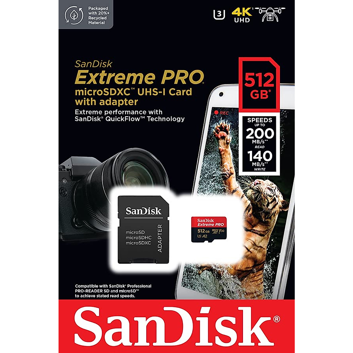SanDisk 512GB Extreme Pro Durable, Captures 4K UHD Video, 200MB/s Read and 140MB/s Write microSD UHS-I Card for Recording Outdoor Adventures and Weekend Trips