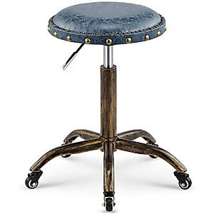 Swivel Bar Stool Studio Stool on Wheel，Roller Stool with Denim Pattern PU Synthetic Leather Seat，Adjustable Height 48-58 cm，Supported weight 160 Kg，Mechanic Stoolfor Beauty Salon Kitchen Spa,Adjustabl