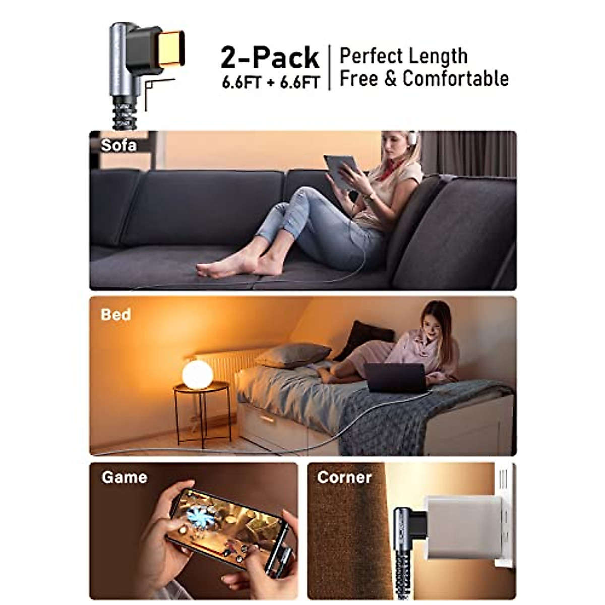 USB C Cable 3.2A 2-Pack [90°, Gold-Plated] 6.6+6.6FT MRGLAS Type C Charger Fast Charging Cable Right Angle Nylon Braided USB A to USB C Charging Cable Compatible with Galaxy S10 S9 Plus S21 Note 10 LG