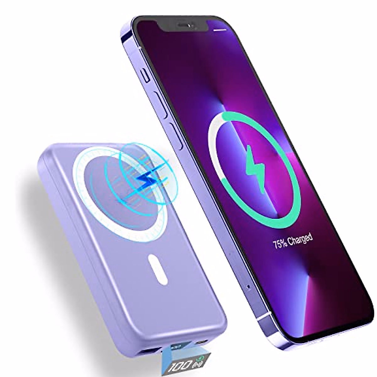 AOGUERBE Magnetic Wireless Portable Charger, 10000mAh Wireless Power Bank PD 22.5W Fast Charging with USB-C LED Display Mag-Safe Battery Pack Compatible for iPhone 14/13/12 Pro/Mini/Pro Max（Purple