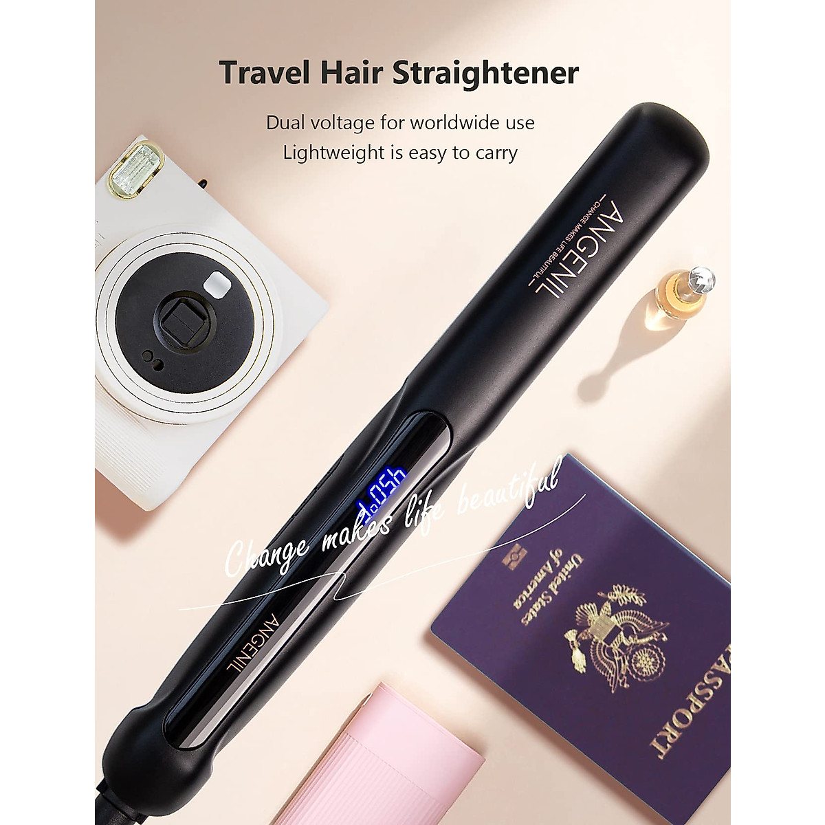 ANGENIL Ceramic Flat Iron Hair Straightener and Curler 2 in 1, Dual Voltage Hair Straightening Curling Iron, Professional Flat Iron 1 Inch Tourmaline Ceramic Hair Straighteners for Women Gift
