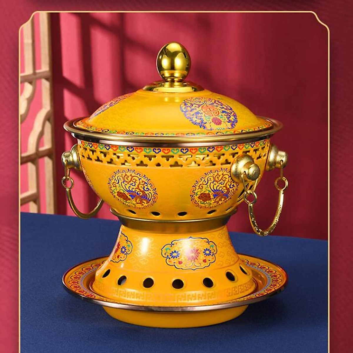 Chafing Dishes Single Person Small Hot Pot Cloisonne Copper Hot Pot, Commercial Household Cooking Pot, Anti Scalding Handle (Color : Yellow, Size : 20.5 * 25cm)