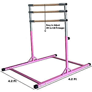 Athletic Bar Kids Gymnastics Junior Horizontal Kip Bar 3 to 5 FT Training Jungle Gym Expandable Adjustable Height 3 to 5 FT Tumble Weight Capacity 300 Pounds (Pink)