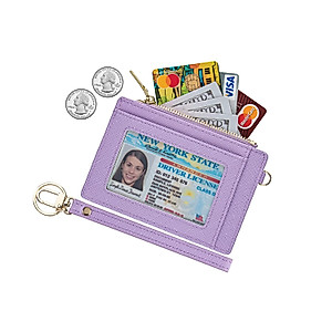 Wikavanli Women Slim Rfid Blocking Credit Card Case Holder Wristlet Zip ID Case Wallet Small Compact Leather Wallet Coin Purse with Keychain (Light Purple a)