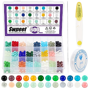 Swpeet 603Pcs 24 Colors Glass Round Beads Set for Jewelry Making, 8mm Glass Beads Bracelet Making Kit, Including Beads, Scissors, Elastic Strings Cord, Beading Needles for DIY Bracelet Necklace