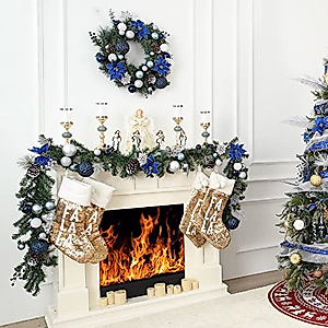 WBHome Pre-lit 9 Feet/108 Inch Christmas Garland, Navy Blue & Silver Lighted Garland with 50 LED Lights for Indoor Outdoor Xmas Decor Holiday Decorations, Battery Operated (Batteries NOT Included)