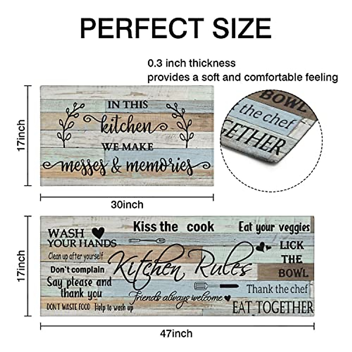 Znutrce Farmhouse Kitchen Mats for Floor Set of 2, Mats for Kitchen Floor, Comfort Standing Kitchen Rugs and Mat, Non-Slip Washable Rug, 17'' X 47'' + 17'' X 30''