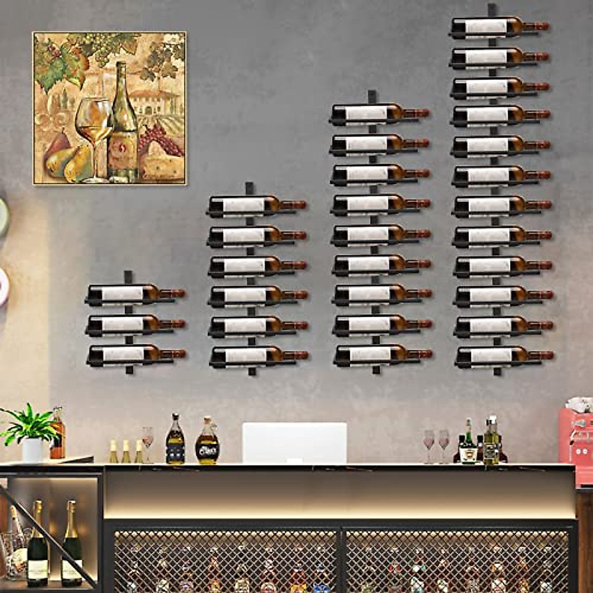 YALINKA Wall Mounted Wine Rack Holds 12 Bottles, Adjustable Separable Black Metal Hanging Wine Bottle Holder Holds 6 Bottles, Liquor Bottle Display Shelf for Kitchen Pantry Bar Wine Cellar