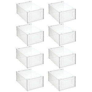 mDesign Stackable Plastic Closet Storage Box with Side Opening Panel- for Organizing Men's and Women's Shoes, Booties, Pumps, Sandals, Wedges, Flats, Heels, and Accessories, 8 Pack - White/Clear