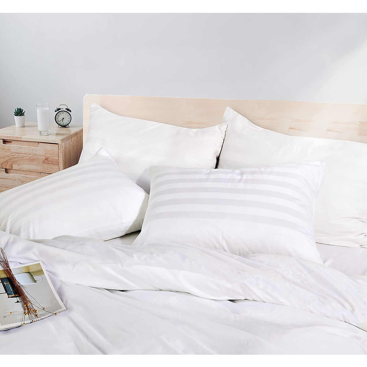 100% Egyptian Cotton Standard Pillow Protectors Set of 2, 400 Thread Count Sateen Weave Cooling Pillowcase, Easy Care Zippered Style Pillow Covers (Stripe-White, Standard)