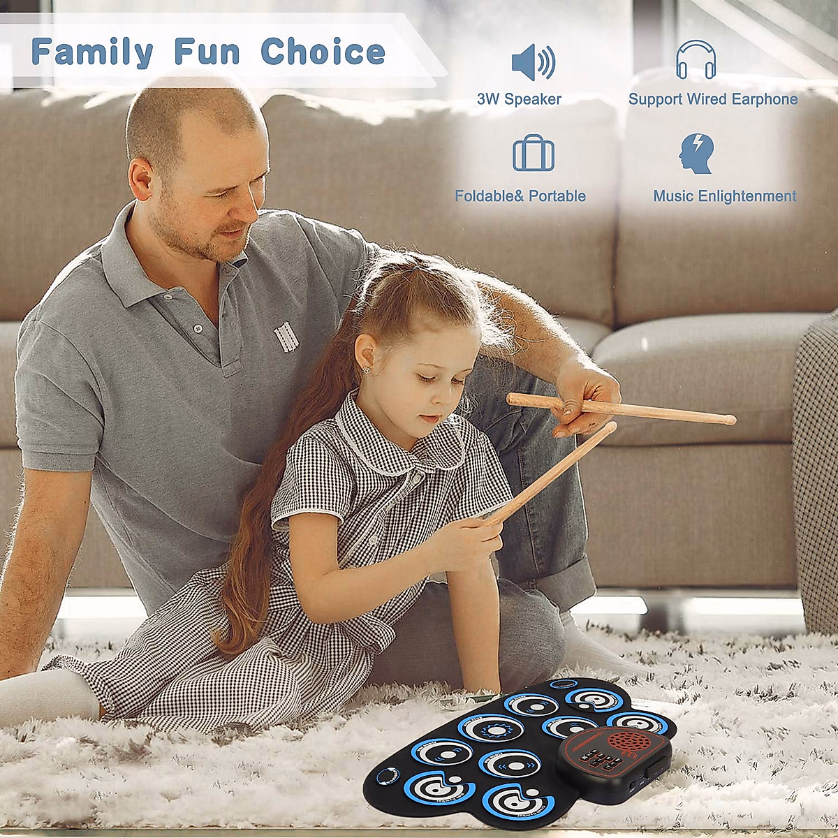 Electronic Drum Set Kids Foldable Practice Drum Pad Rechargeable Drum Kit, Built in Speakers Foot Pedals,Drum Sticks, Birthday Gift for Beginners (Blue)