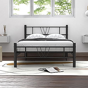Fangflower Twin Size Bed Frame Platform Metal with Headboard/Underbed Storage/Steel Slats, Heavy-Duty Mattress Foundation for Bedroom, No Box Spring Needed, Black