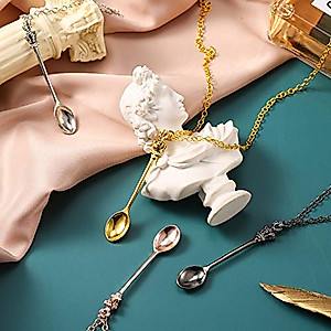 4 Pieces Spoon Necklace Teaspoon Pendant Necklace Crown Teaspoon Mini Spoon for Filling Vials with Salts, Sand, Glitter with Necklace Loop Pendant (Gold, Silver, Rose Gold, Black)
